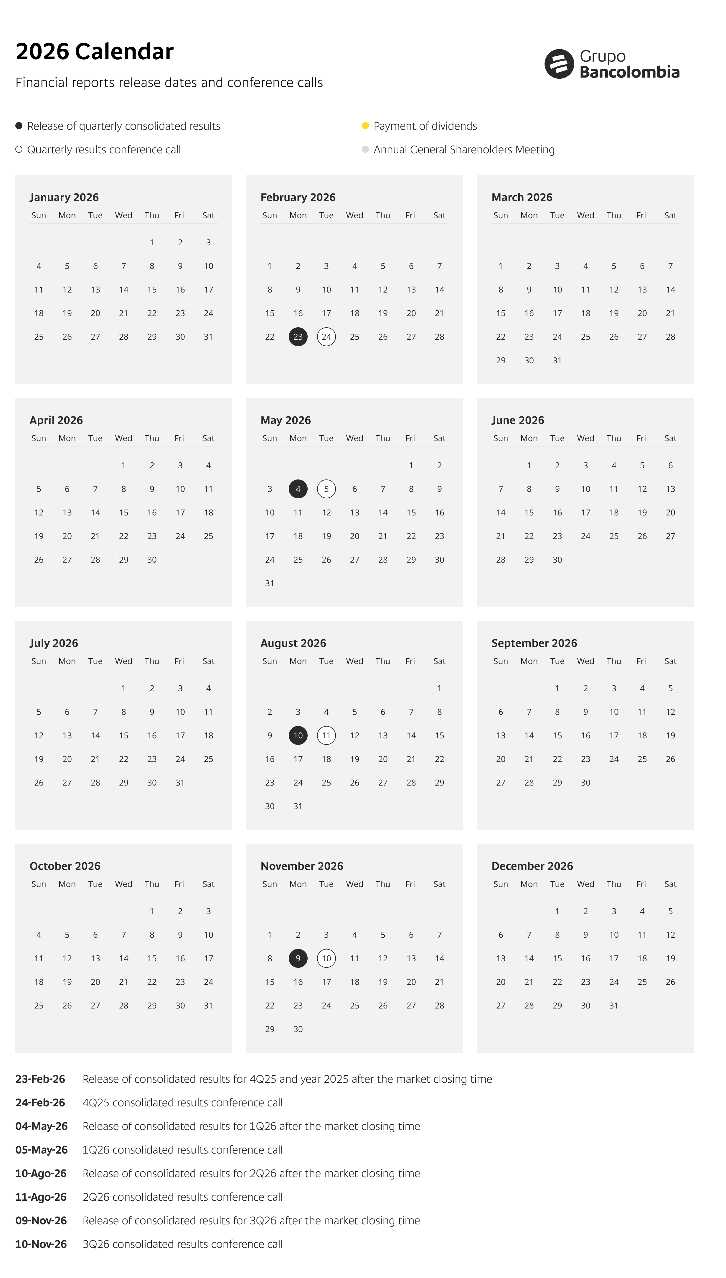 Financial Calendar - Information of Interest | Grupo Bancolombia